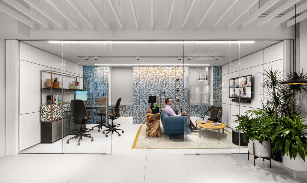 Birdlandia Custom Digital Wallcovering in Steelcase Display | Designtex